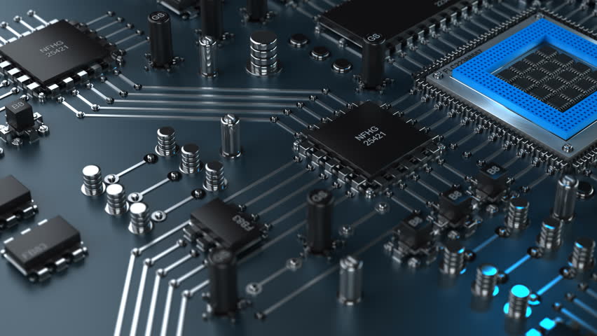 Computer System Innards 3D Animated. CPU. Electronic Circuit Chip On PC Board. Close Up ...