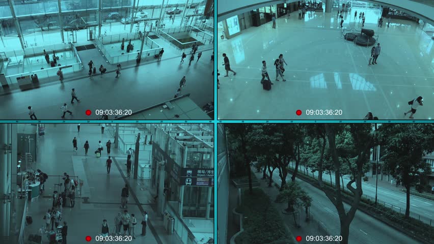 Split Screen Surveillance Camera Background. Cctv Security Monitoring. People Walking In The ...