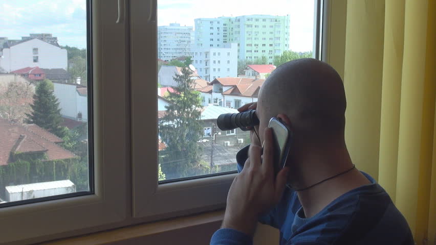 Looking On Home Window Young Man With Binoculars Spy Neighbors Naughty
