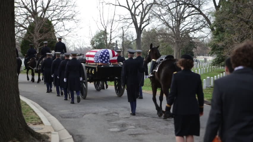 Military Funeral Of Marching Soldiers With Horse Drawn Hearse In Slow ...