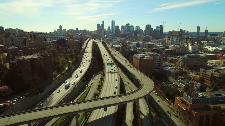 Low Altitude Aerial Shot Of Seattle's Financial District Skyscrapers ...