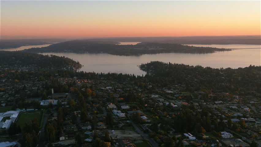 City Of Bellevue, Washington Aerial Over Lake Washington At Dusk ...