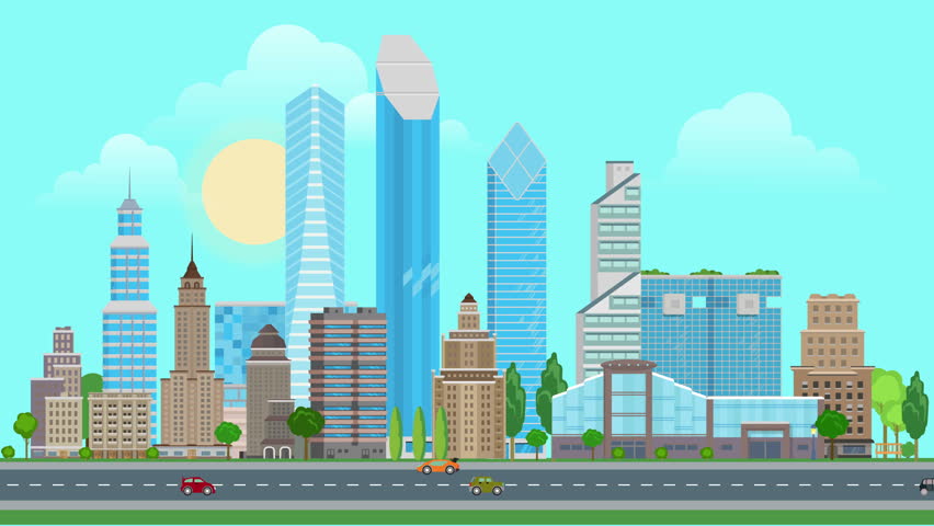 Flat Cartoon Panoramic City Town Suburb Day With Mountains On ...