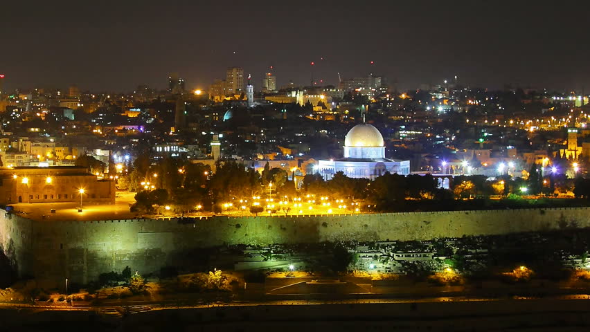 Skyline Of Jerusalem Israel Dome Of The Rock At Night Time Lapse Pan ...