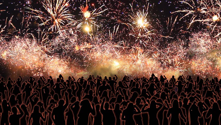 Crowd Of Young People Dancing With Fireworks Exploding Over Them ...