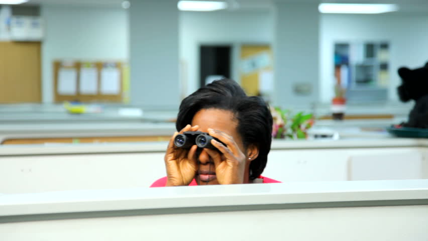 Businesswoman Peeks Over Cubicle With Binoculars Stock Footage Video ...