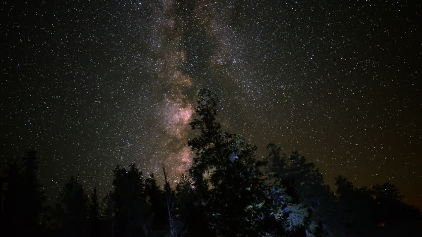 4K Astro Time Lapse Of Milky Way Galaxy Over Alpine Forest -Tilt Up ...