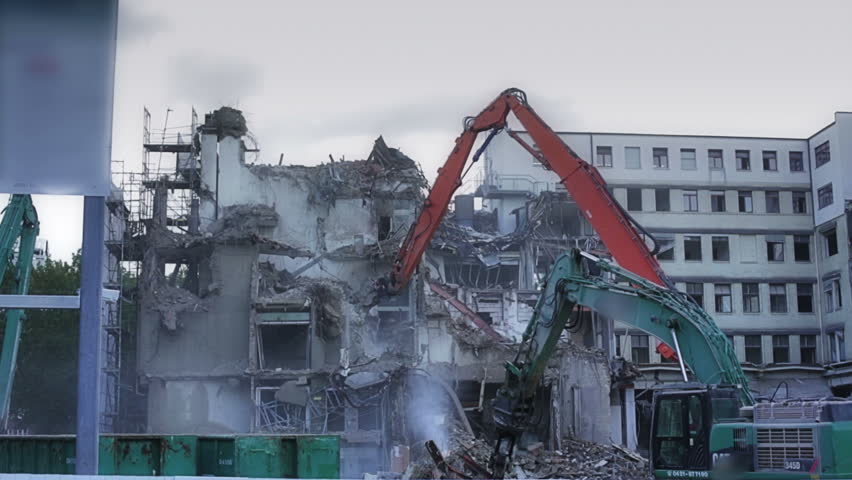 Heavy Duty Crane Tearing Down An Old Multistorey Building Stock Footage ...