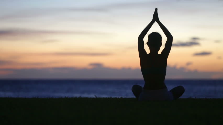 Meditation Yoga Woman Meditating At Beach Sunset Or Sunrise Relaxing In ...