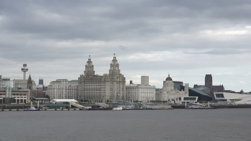 Tracking Shot Of Liverpool UNESCO Skyline Waterfront On River Mersey ...